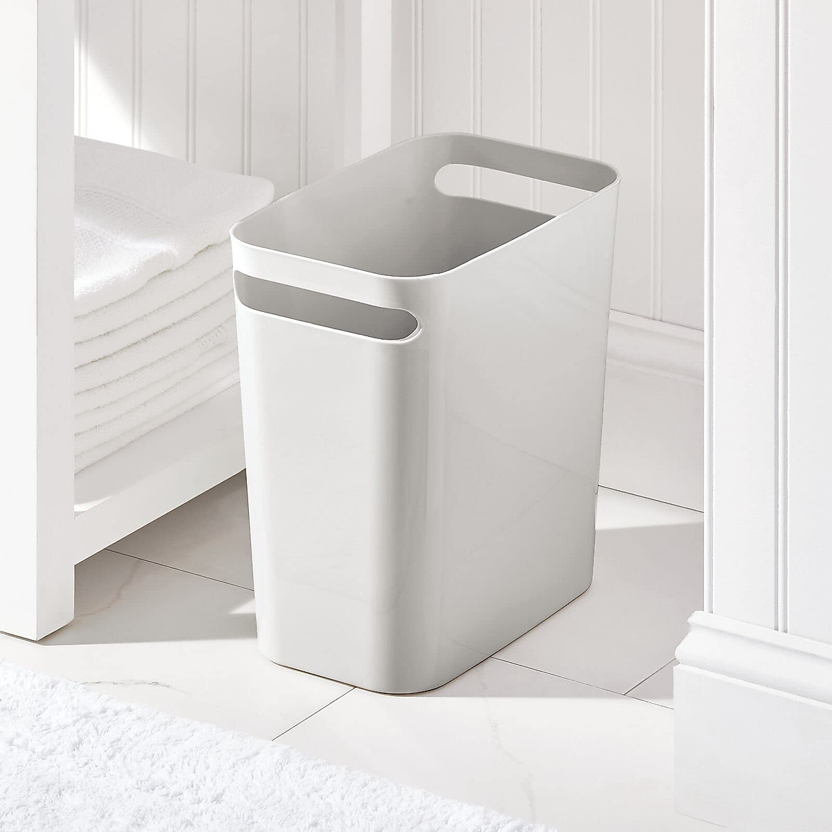 mDesign Plastic Slim Large 2.5 Gallon Trash Can Wastebasket, Classic Garbage Container Recycle Bin for Bathroom, Bedroom, Kitchen, Home Office, Outdoor Waste, Recycling - Aura Collection - Light Gray