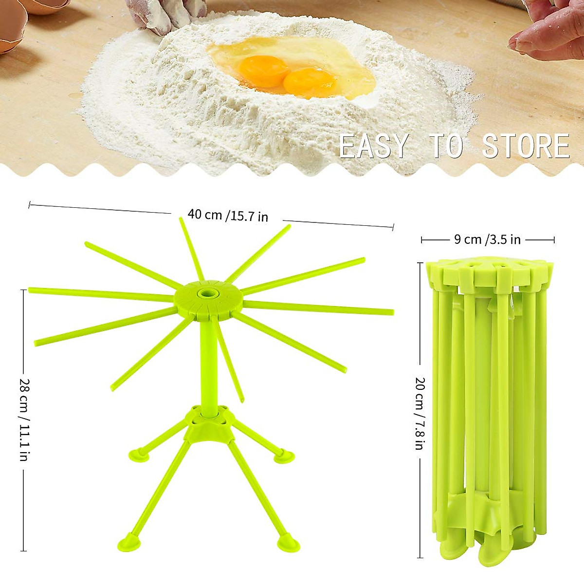 Cambom Foldable Pasta Drying Rack- Plastic Spaghetti Noodle Dryer with 10 Bar Handles Green