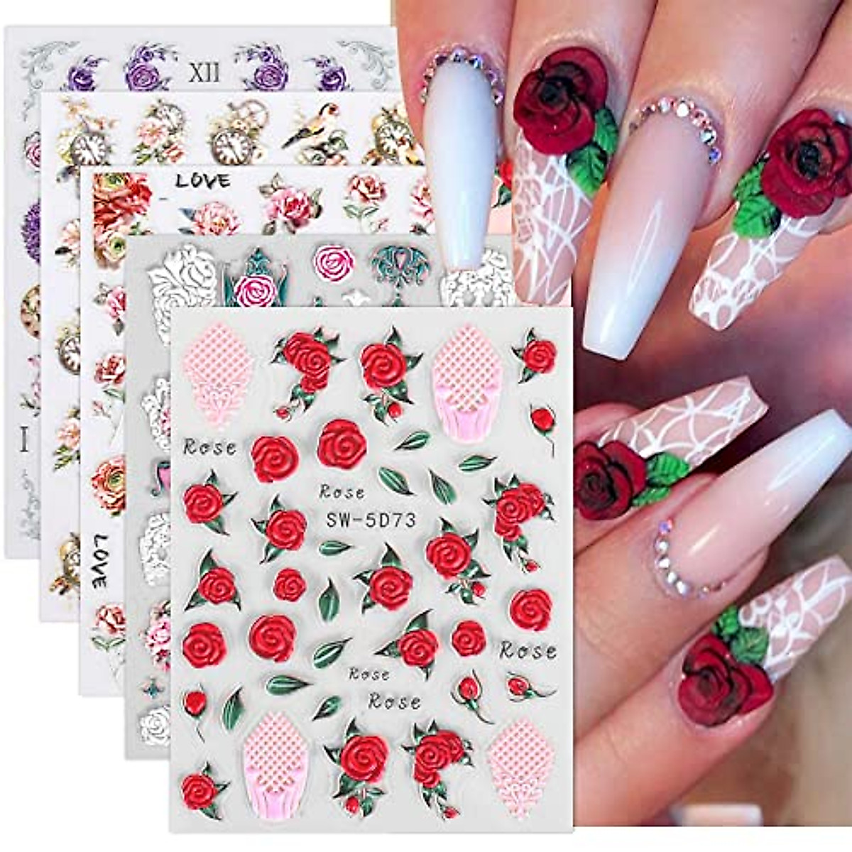 JMEOWIO 3D Spring Embossed Flower Nail Art Stickers Decals Self-Adhesive Pegatinas Uñas 5D Floral Nail Supplies Nail Art Design Decoration Accessories 5 Sheets