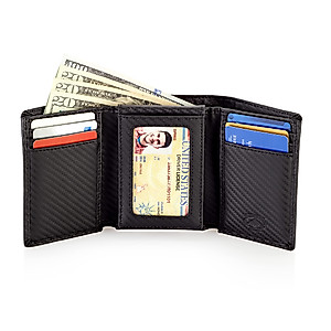 Stealth Mode Trifold Wallet - RFID Blocking Wallet with Flip ID Holder - Leather Case for Money, Credit Cards - Mens Organizer, Divided Billfold, Identity Protection - Men's Gifts (Carbon Fiber)