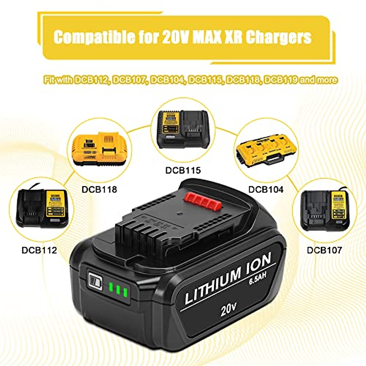 KUNLUN 2-Pack 6.5Ah 20V Battery Replacement Compatible for De Walt 20 Volt Max XR Lithium ion Battery Pack DCB200 DCB201 DCB203 DCB204 DCB206 DCB207