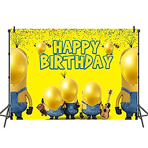 Yellow Happy Birthday Backdrop Cartoon Theme Background for Boys Girls Party Supplies Baby Shower Cake Table Decoration Banner Kids Photography Studio Props 7X5FT
