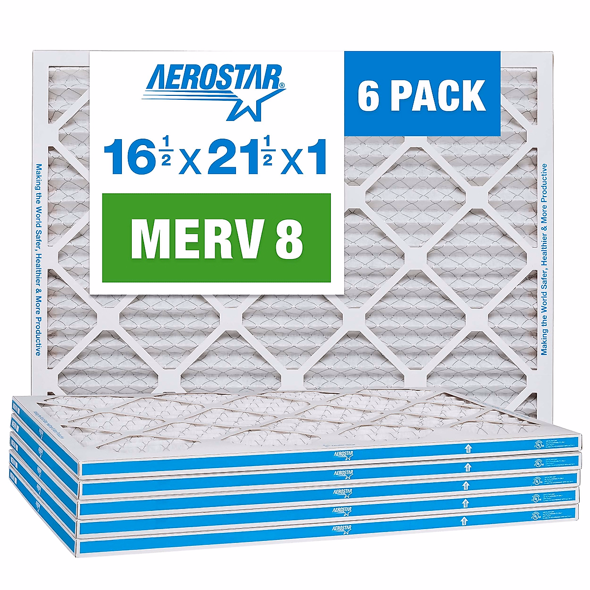 Aerostar 16 1/2 x 21 1/2 x 1 MERV 8 Pleated Air Filter, AC Furnace Air Filter, 6 Pack (Actual Size: 16 1/2"x21 1/2"x3/4")