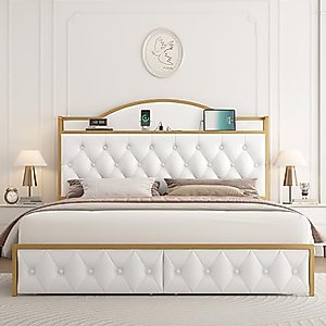 HITHOS Queen Bed Frame, Storage Headboard with Charging Station, Button Tufted Platform Bed with 2 Drawers, Upholstered Bed with 51.6" Tall Headboard, Gold Metal Frame, No Box Spring Needed, White