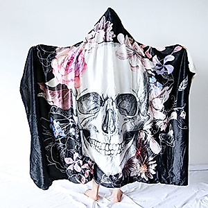 Sleepwish Sugar Skull Plush Wearable Hooded Blanket Skull Flowers Floral Watercolor Fleece Blanket Poppy Rose Sherpa Blanket (Adults 60"x 80")