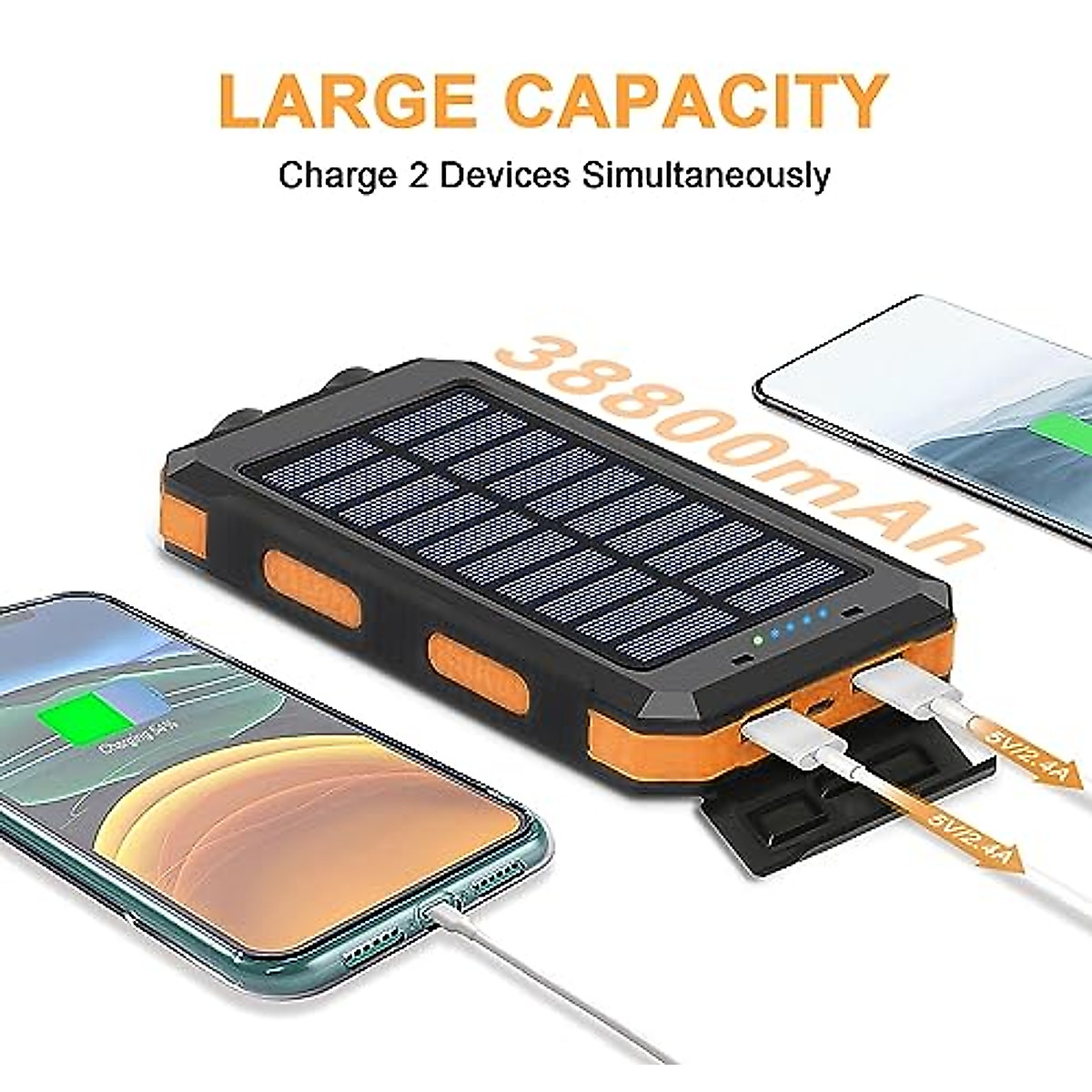 Solar Charger, 38800mAh Portable Solar Power Bank for All Cellphones, Waterproof Battery Pack, Outdoor External Backup Power Charger Dual USB 5V Outputs/LED Flashlights, Perfect for Camping Travel