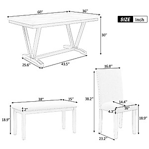 KELRIA Modern Style 6-piece 4 Chairs & 1 Bench, Marbled Veneers Tabletop and V-shaped Table Legs, for Dining, Living Room, and Kitchen, White