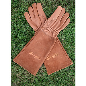 Rose Pruning Gloves for Men and Women - Thorn Proof Goatskin Leather Gardening Gloves with Gauntlet (Large, Brown)