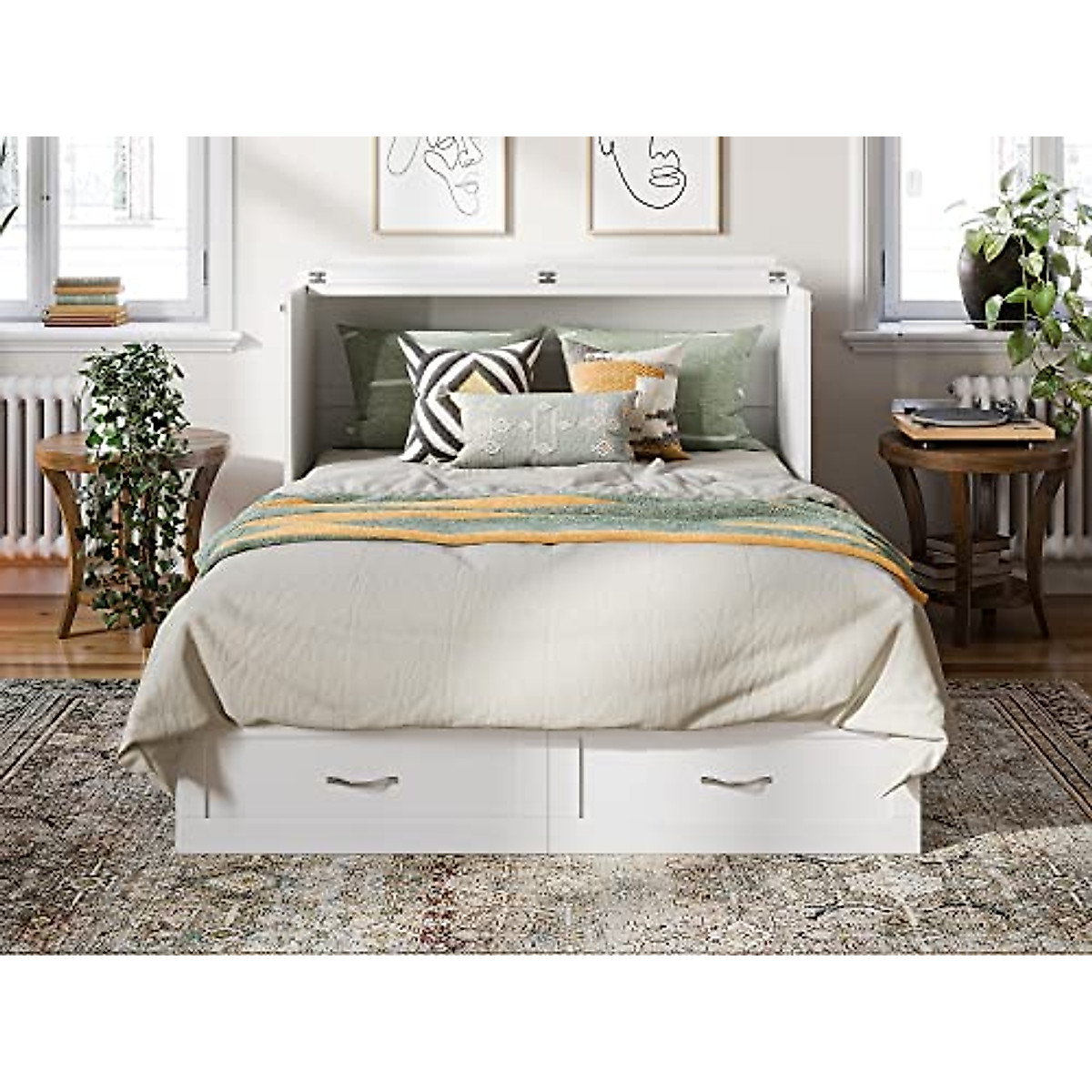 AFI, Hamilton Murphy Bed Chest with 6 inch Memory Foam Folding Mattress, Built-in Charging Station and Storage Drawer, Full, White