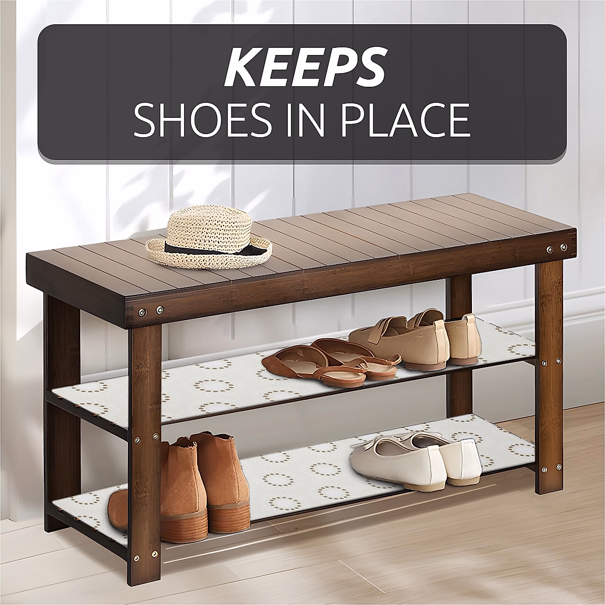 FIFTY FEET 12X120 Inch Shelf Liner for Kitchen Cabinets, PVC Drawer Liner for Dresser Non-Slip Bathroom, Non-Adhesive Cabinet Liner Washable (Beige Circle)(1 Roll)