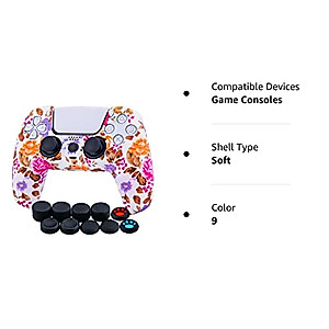 YoRHa Water Transfer Printing Silicone Thickened Cover Skin Case for PS5 Controller x 1(Flowers) with Thumb Grips x 10