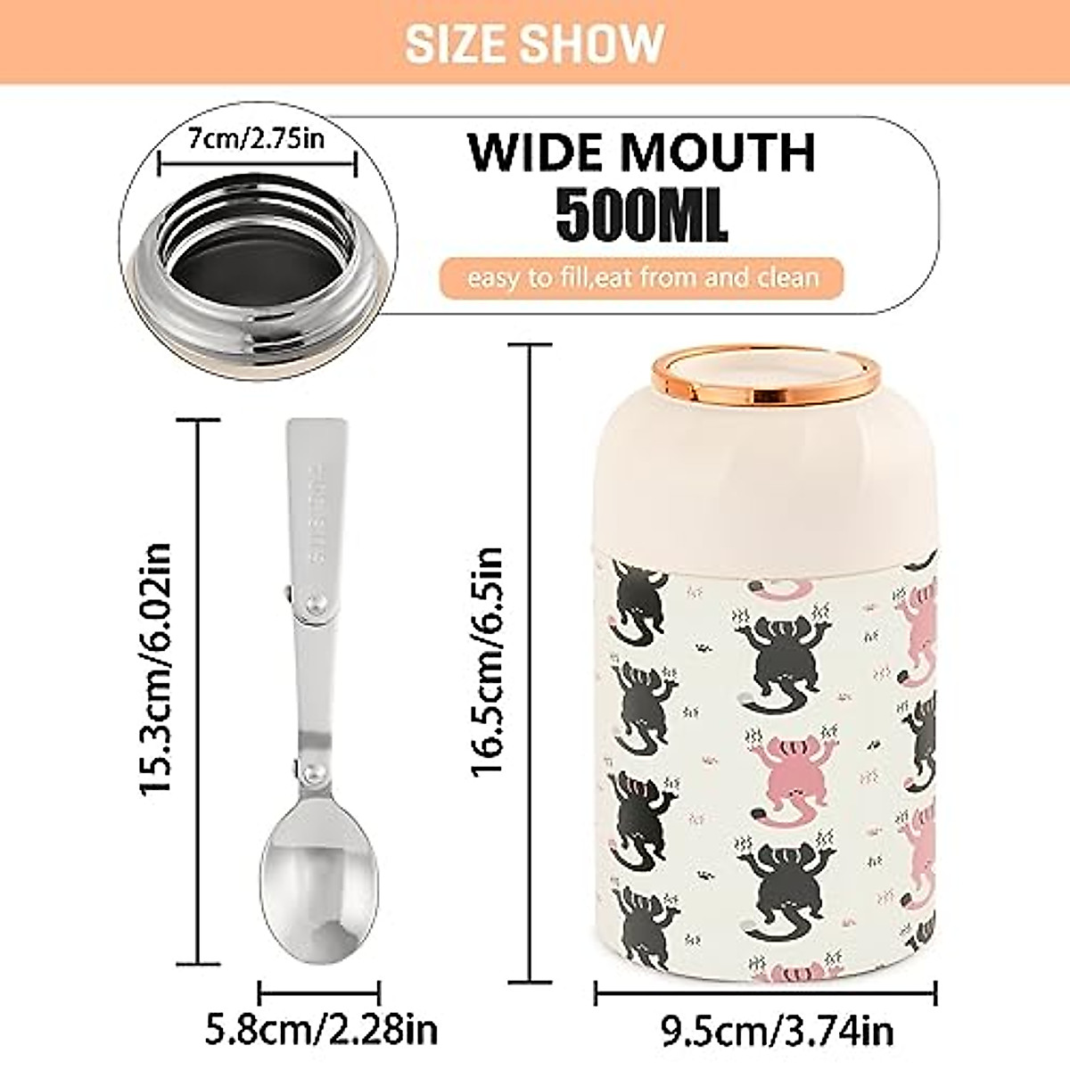 CUPADA Scratch Cats Cartoon Food Jar, Funny Kitten Insulated Hot Food Jars Vacuum 17OZ with Folding Spoon for Work Trip Picnic Camping