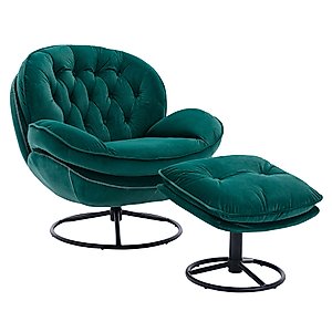 Swivel Accent Chair with Ottoman Set, Modern Velvet Lounge Chair with Metal Base Frame Footrest Comfy Armchair TV Chairs Reading Chair for Reading, Living Room, Bedroom - Green
