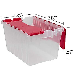PRACHY 12 Gallon Plastic Stackable Storage Tote with Hinged Lid, 21-1/2" x 15" x 12-1/2", Clear/Red