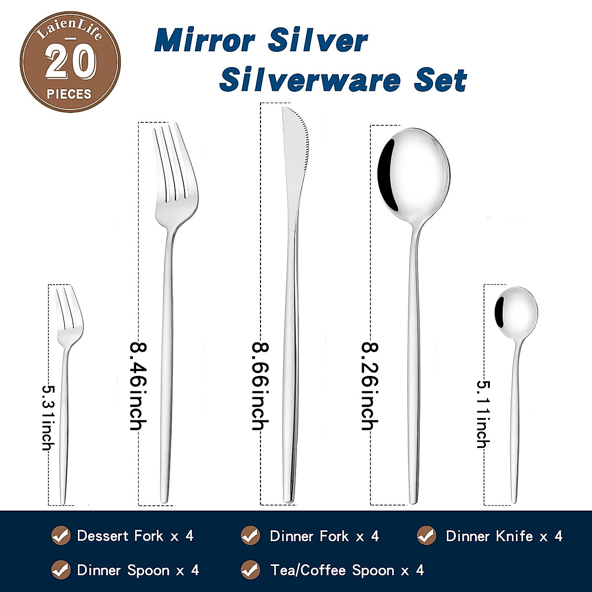 Mirror Modern Flatware Set for 4, 20-Piece Stainless Steel Silverware Set, LaienLife Unique Utensils with Long Forks Spoons and Knives Sets, Great for Home and Restaurant, Dishwasher Safe - Silver