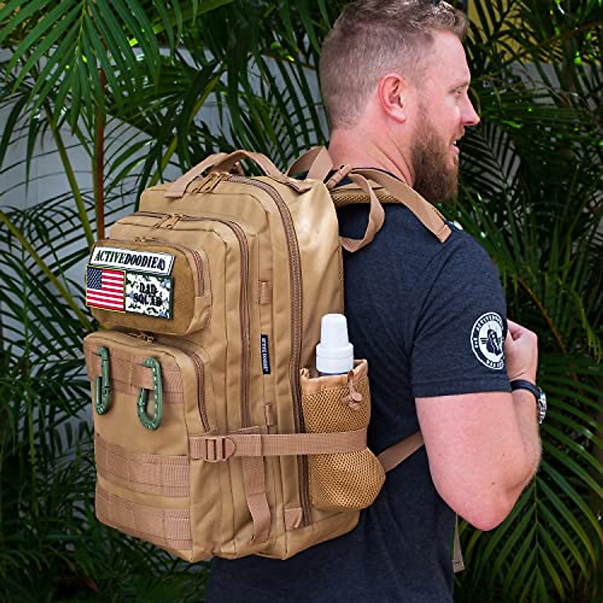 ActiveDoodie Dad Diaper Bag for Men with Camo Changing Pad, USA Dad Squad Patches, Diaper Bag for Dad, Coyote Brown