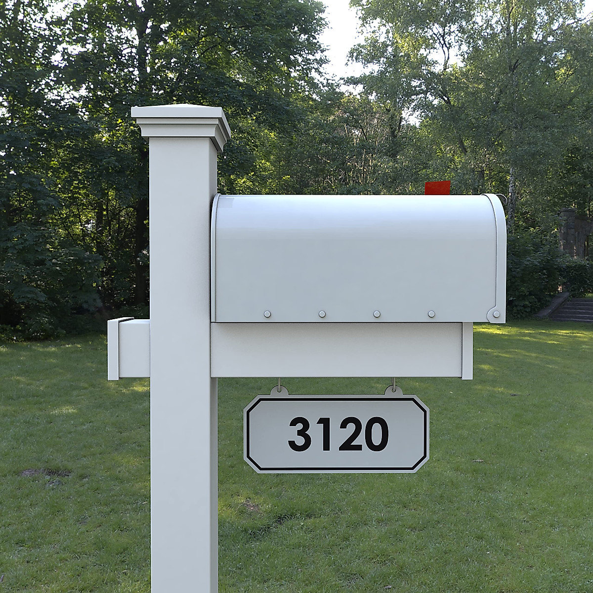 4Ever Products The Jackson Complete Mailbox System - Vinyl/PVC Post (includes Mailbox) Decorative Curbside Postal Solution with Classic Traditional Style and Hanging Address Plate (White Mailbox)