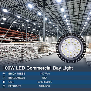 100W UFO LED High Bay Light, 6000-6500K Cool White LED Workshop Light, Ultra Thin Factory Warehouse LED Industrial Lighting, IP65 Waterproof Commercial Bay Lighting for Garage Factory Gym
