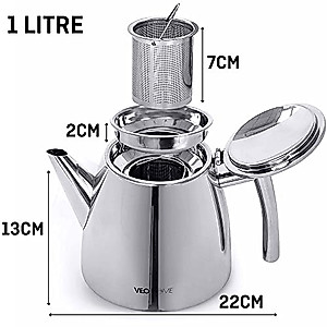 VeoHome Stainless Steel Tea Pot with Infuser - Keeps Heat Thanks to its Double Wall, Silver (1 Liter (34 oz))…