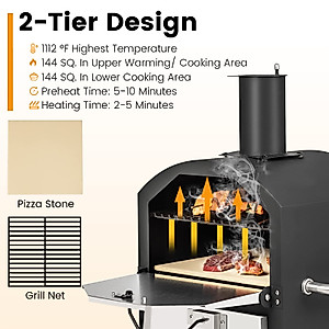 PETSITE Pizza Oven Outdoor, Wood Pellet Fired Pizza Oven with 12 Inches Pizza Stone & Waterproof Cover, 2-Tier Design Portable Stainless Steel Grill Pizza Maker for Outside Backyard Party