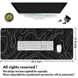 UJoowalk Topographic Gaming Mouse Pad, Large, Black and White, 31.5 x 11.8 in