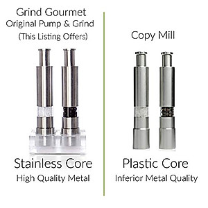 Grind Gourmet Salt and Pepper Grinder Set, Original Pump & Grind Peppermill are Refillable, Modern Thumb Press Grinder, Comes with Black Pepper, Sea Salt and Stand, Works With Himalayan Salts
