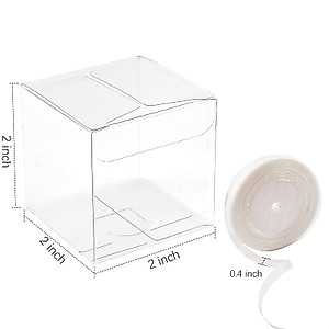 Jutieuo 100 Pack 2x2x2 Inches Clear Favor Boxes with Ribbons, Transparent Cube Treat Boxes for Candy Mini Cupcake & Chocolate Bomb, Individual Macaron Packaging Box for 2