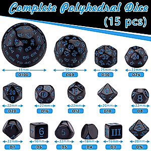 AUSTOR 15 Pieces Complete Polyhedral Dice Set D3-D100 Game Dice Set with a Leather Drawstring Storage Bag for Role Playing Table Games(Black & Blue)
