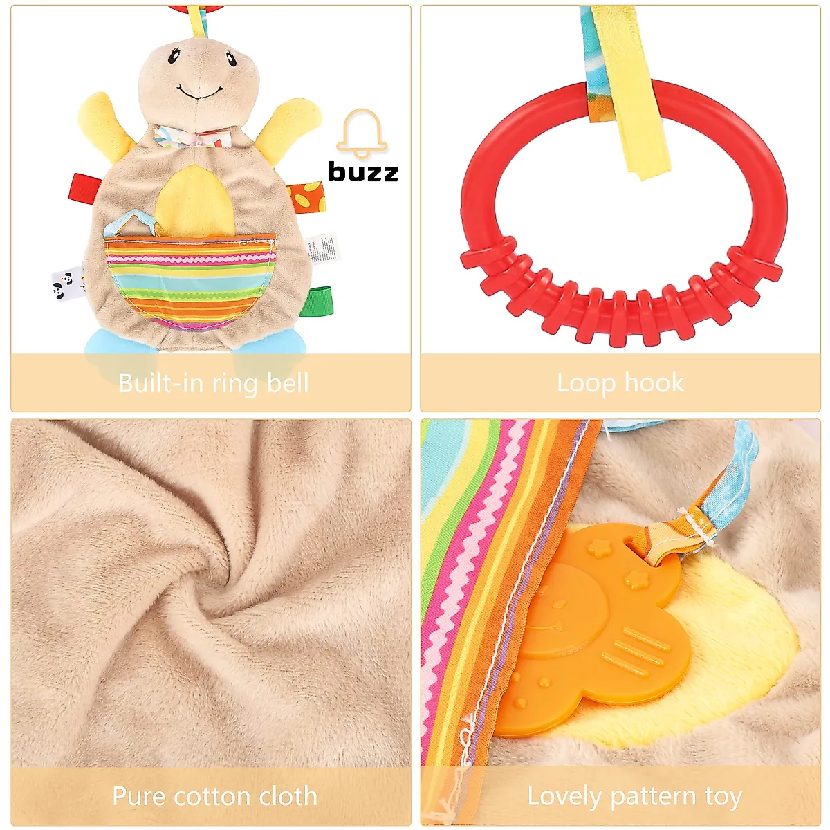 Baby Teething Cuddly Teether with Bee Character, 3 Textured Teething Places, BPA-Free Silicone, Soft Fabric Textures to Explore, and Crinkle Sounds to Discover