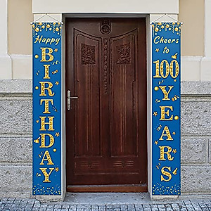 Happy 100th Birthday Porch Sign Banner Decor Blue – Cheers to 100 Years Old Party Theme Decorations for Men Women Supplies