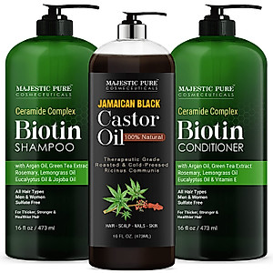 Majestic Pure Jamaican Black Castor Oil (16 oz) and Ceramide Complex Shampoo & Conditioner Set (16 oz x 2) Bundle