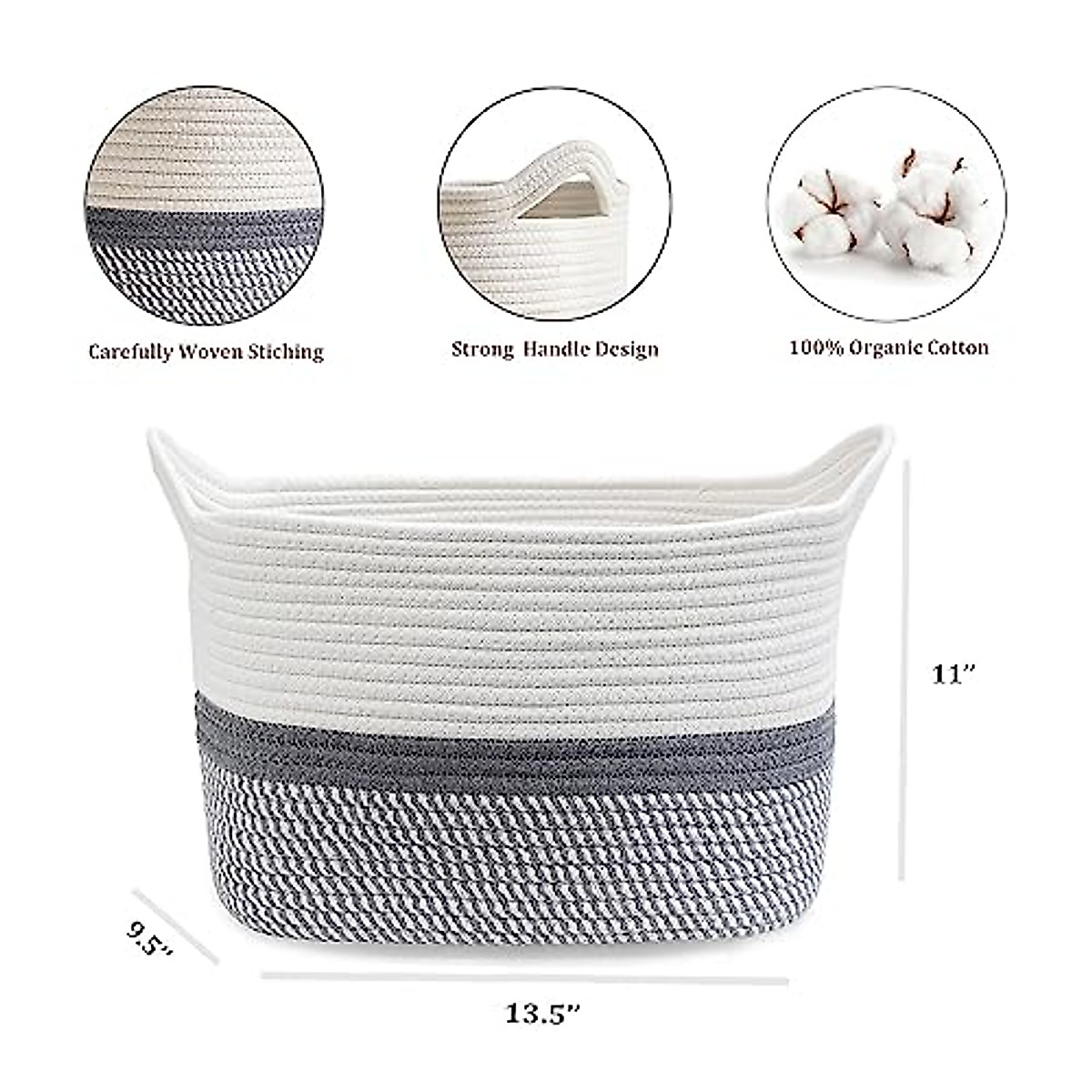 JIA QAQ Square Cotton Rope Samll Baskets With Handles for Nursery, Toys, Household, Handcrafted Woven Gift Baskets for Storage and Organization,13.5x11x9.5inch (white-grey)