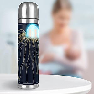 Stainless Steel Leather Vacuum Insulated Mug Jellyfish Thermos Water Bottle for Hot and Cold Drinks Kids Adults 16 Oz