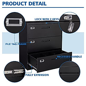 BYNSOE Lateral File Cabinet with Lock,Metal Storage File Cabinet 3 Drawer,Steel Lateral File Cabinet for Legal/Letter A4 Size,Wide File Cabinet for Office Home,Assembly Required
