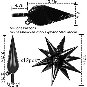 60 Pcs Black Star Balloons Explosion 12 Point Foil Cone Balloons Magic Starburst Balloons Large for Wedding Anniversary Backdrop Birthday Party Decorations