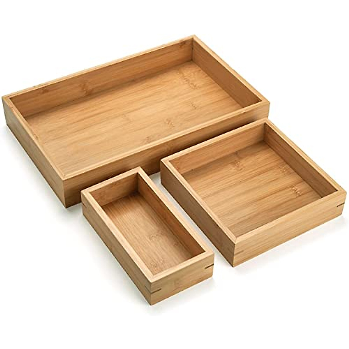 Bamboo Tray, Bathroom Vanity Tray, Wood Counter Tray, Natural Wooden Basket Tray Organizer for Bathroom/Kitchen Countertop, Set of 3