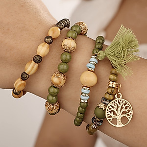 YERTTER 4pcs Bohemian Layered Beaded Tree of Life Pendant Tassel Stretch Stackable Strand Bracelet Beads bracelet Statement Gift for Women Girls（Dark Green）