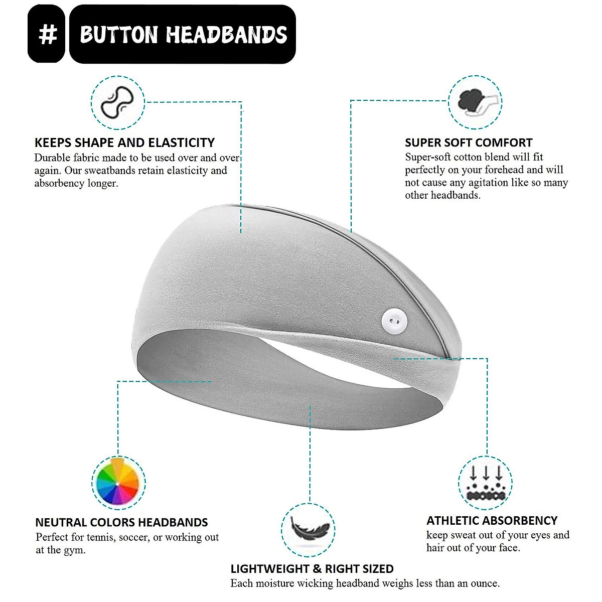 Huachi Headbands with Buttons for Mask for Nurses Non Slip Elastic Hair Bands for Women Doctors Medical Headband Turban Headwrap, 6Pcs