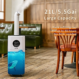 LACIDOLL Humidifiers for Large Room Whole House Humidifier for Home 2000 sq.ft, 5.5Gal Cool Mist Top Fill Humidifier Floor Humidifier 21L 2000ML/H Dual 360° Nozzles 3 Speed
