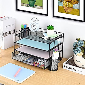 Becomrock Desk Organizers, 4-Tier Paper Letter Tray Organizer with Drawer and Pen Holder, Mesh Desktop Organizer, Office Supplies Desk Accessories (Black)