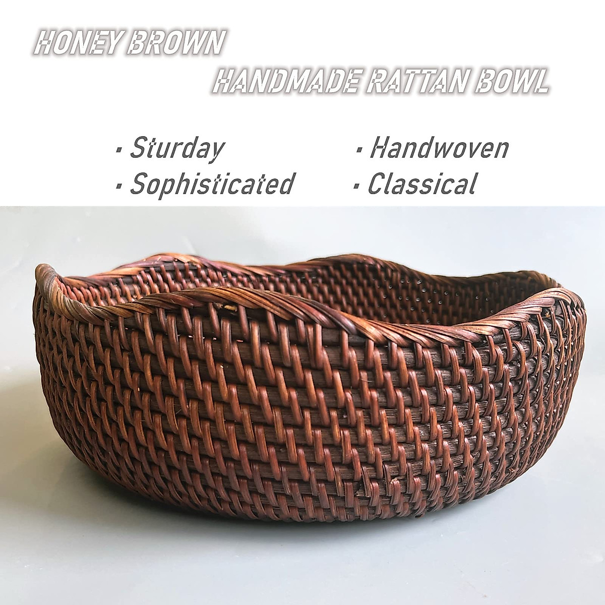 AMOLOLO Handmade Rattan Round Fruit Basket Food Storage Bowls Kitchen Organizer Snack Serving Bowl 10 Inch Wavy Edge Circle Tray Basket with 3” Deep Wall, Dark Brown Décor Display Tray Bowl, M