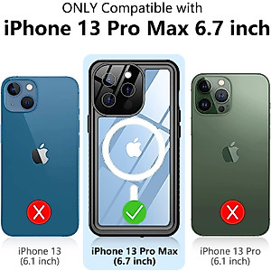 Temdan for iPhone 13 Pro Max Case Waterproof,Built-in 9H Tempered Glass Screen Protector [Real 360][IP68 Underwater][Military-Grade Protection][Dustproof][Compatible with MagSafe] - Clear/Black