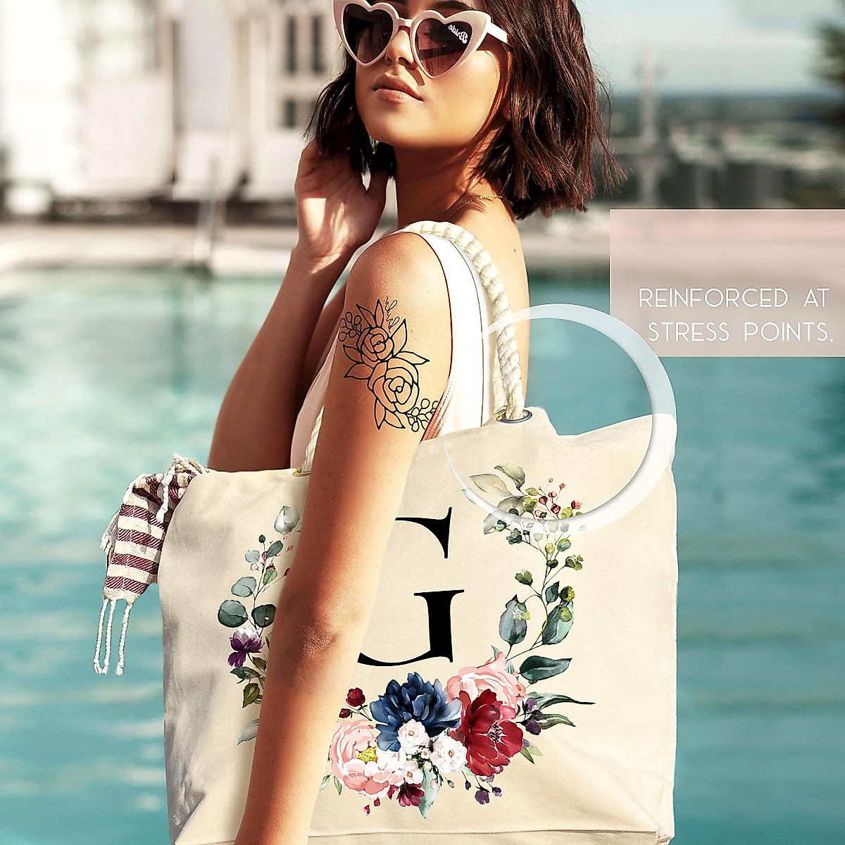 Personalized Floral Initial Cotton Canvas Beach Tote Bag, Customize Monogrammed Totes Gift for Bridesmaid (Initial V)