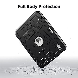 SIBEITU iPad 10th Generation Case 10.9 Inch 2022 with Pen Holder, Rugged Shockproof iPad 10 Case for Kids with Kickstand, Heavy Duty Protective Cover for iPad 10th Gen A2696/A277 | Black