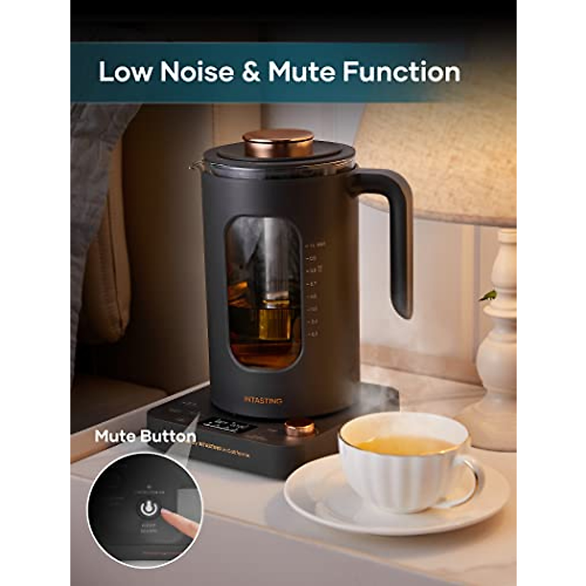 Electric Kettle, INTASTING Wide Opening Glass Kettle with Tea Infuser, 9 Smart Presets, Auto Memory, Mute, 1200W Fast Heating, BPA-Free, Easy to Clean, for Tea Bag, Dark Grey