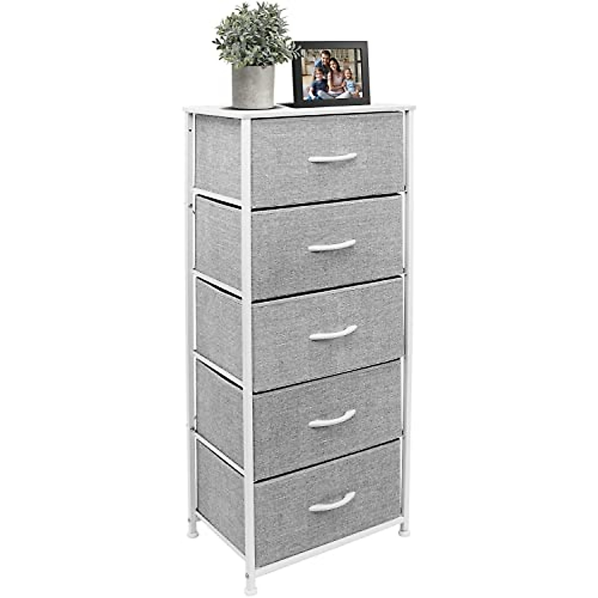 Sorbus Dresser Storage Tower, Organizer for Closet, Tall Dresser for Bedroom, Chest Drawer for Clothes, Hallway, Living Room, College Dorm, Steel Frame, Wood Top, Fabric, 5 Drawers (White/Gray)