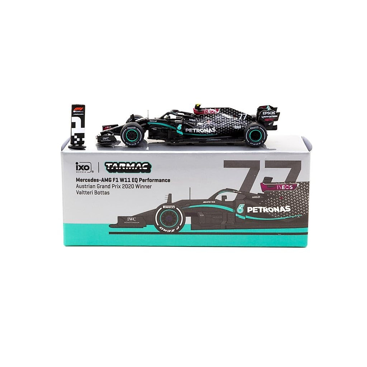 Tarmac Works 1:64 Scale Diecast Model Grand Prix Car Compatible with Mercedes Benz AMG W11 EQ Performance Valtteri Bottas (No.77 Winner Austrian GP 2020) in Black
