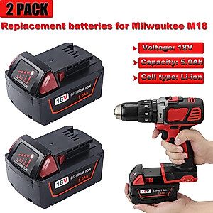 DEWQKI 2 Packs 5.0Ah M18 Battery Replacement for Milwaukee 18V Battery, Compatible with Milwaukee M18 Battery 48-11-1820 48-11-1812 48-11-1850 48-11-1828 48-11-1828 48-11-1815 Cordless Power Tools