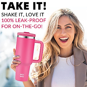WETOWETO 40oz Tumbler with Handle | Insulated Stainless Steel Travel Mug | 34Hrs Cold & 10Hrs Hot Retention | 100% Leakproof Lid & Straw | Dishwasher Safe + Car Cup Holder Fit (Bright Pink)
