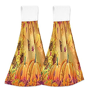 Sunflower Butterfly Pumpkin Hanging Kitchen Towels 2 Pack Dish Cloth Tie Towel, Autumn Fall Maple Leaves Absorbent Soft Hand Towels with Hanging Loop for Bathroom Farmhouse Bar Tabletop Home Decor